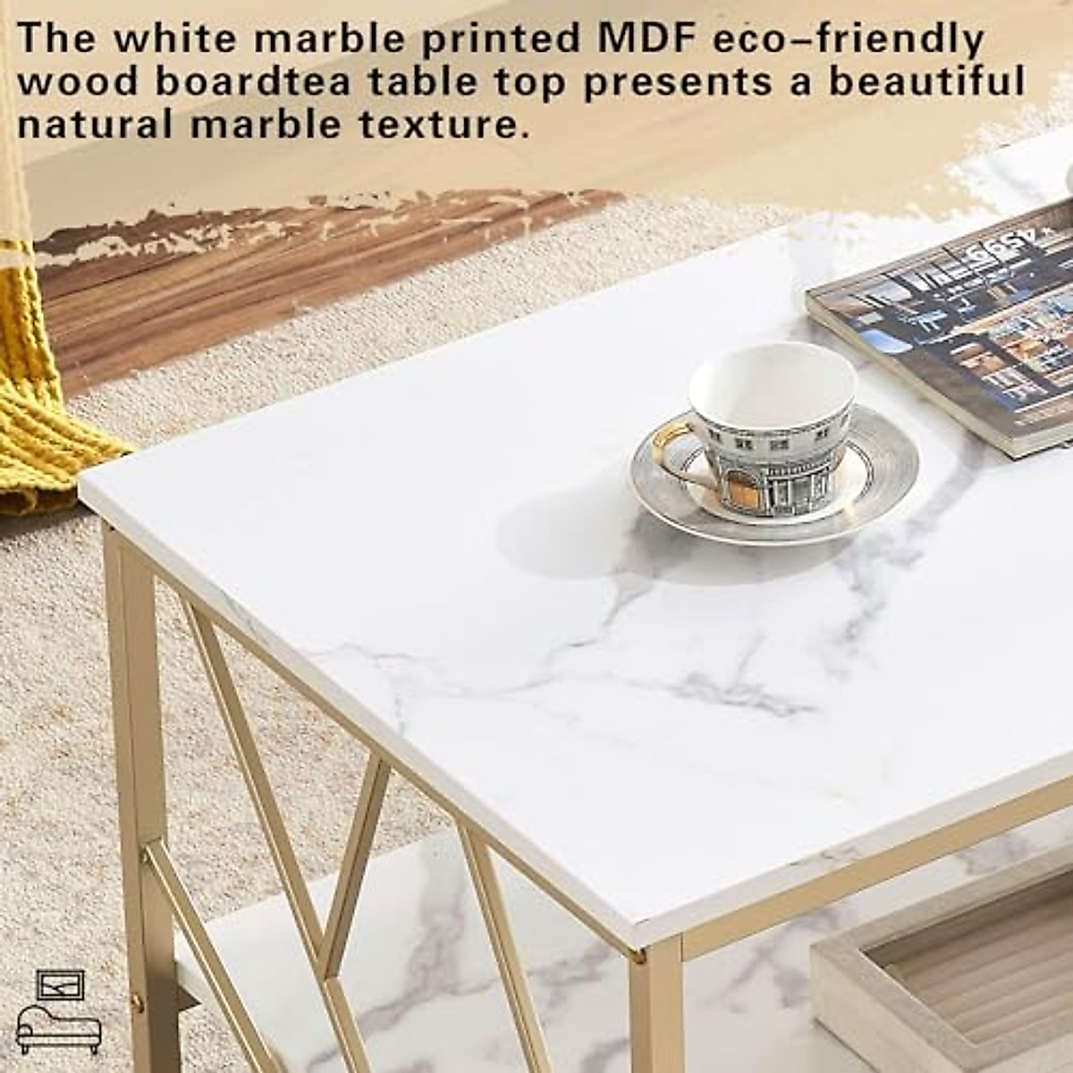 MKJLWO White Coffee Tables for Living Room, Square Marble Gold Coffee Table 2-Tier Storage Modern Center Table White Home Furniture Office Decor 43×21in