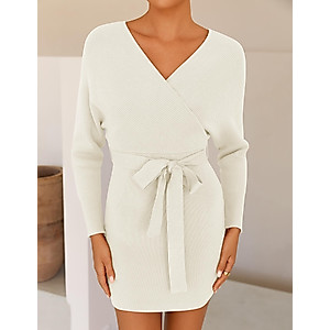 ZESICA Women's Fall Long Batwing Sleeve Wrap V Neck Knitted Backless Bodycon Pullover Sweater Dress with Belt,Apricot,Small