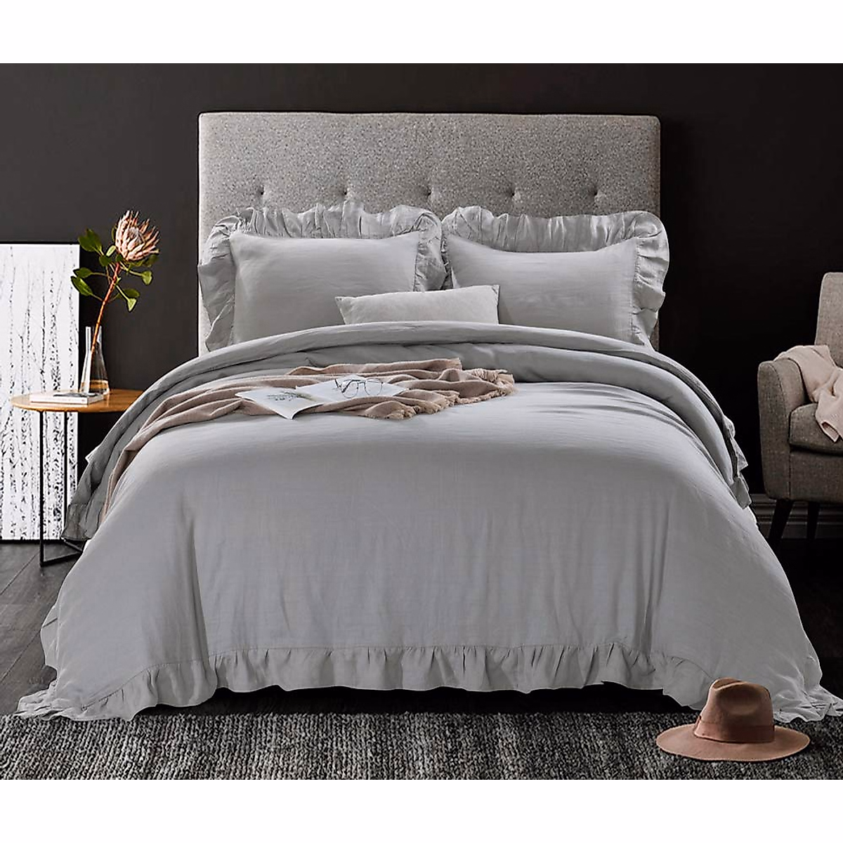meadow park 100% Stone Washed French Linen Duvet Cover Set 3 Pieces, Full/Queen 90 inches x 92 inches, Shams 20 inches x 26 inches, Ruffled Style, Button Closure, Corner Ties, Super Soft, Grey Color