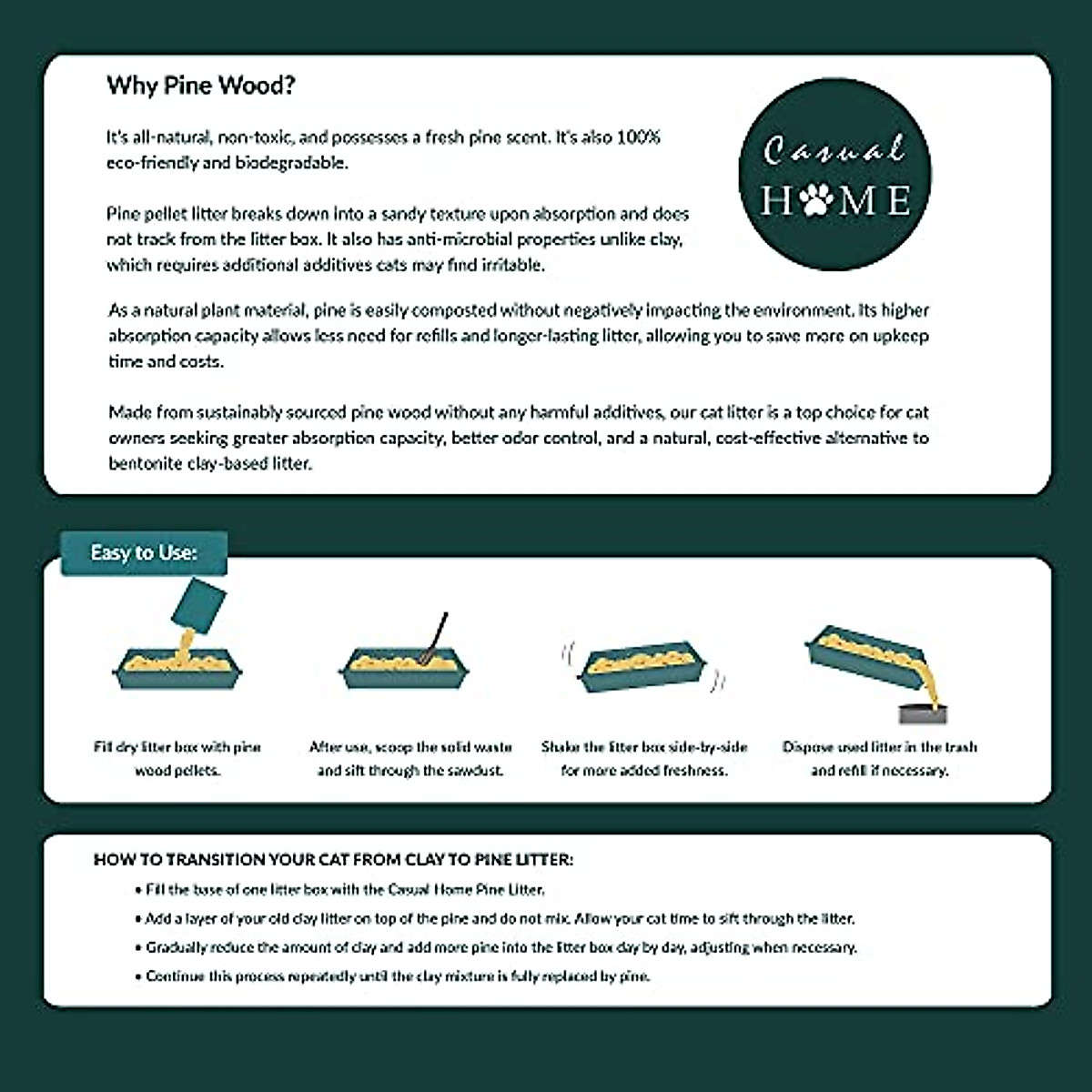 Casual Home 100% Natural Pine Wood Non-Clumping Cat Litter Wood Pellets