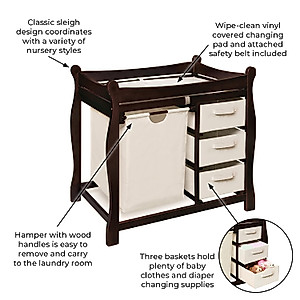 Badger Basket Sleigh Style Baby Changing Table with Laundry Hamper and 3 Storage Drawers - Espresso