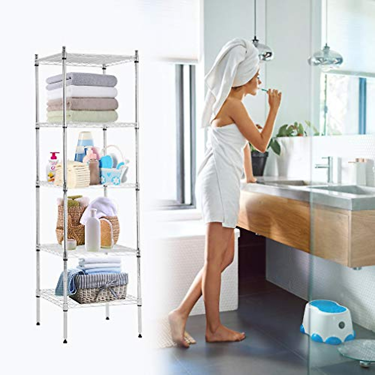 5 Shelf Wire Shelving Unit Metal Nsf Wire Shelf Organizer Storage Shelves Heavy Duty Height Adjustable Utility Leveling Feet Steel Layer shelf Commercial Grade Rack Capacity-18x18x59,Chrome