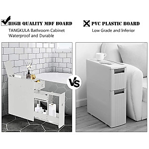 Tangkula Bathroom Wood Storage Cabinet Home Kitchen Floor Storage Organizer with Slide Out Drawer Free Standing Space Saving Storage Cabinet Toilet Paper Holder, White