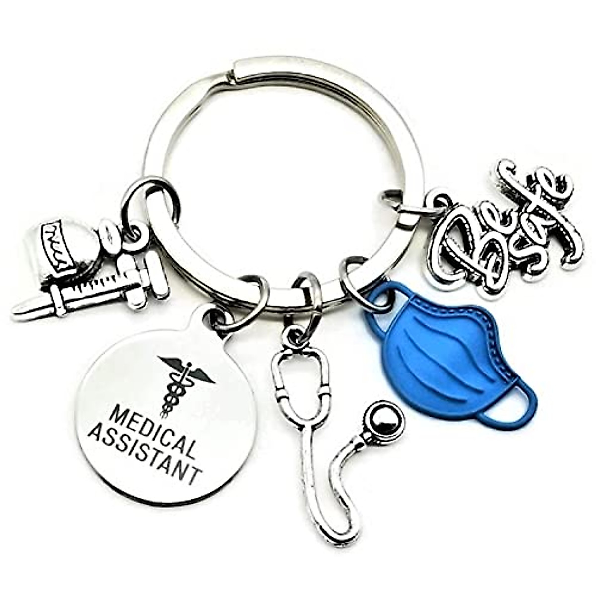 Kit's Kiss Medical Assistant Keychain MA Keychain Stethoscope Syringe Caduceus Medical Symbol Nursing School Graduation Medical Student Gift, Silver, Blue, Diameter of Key Ring : 1.2 inches (3 cm)