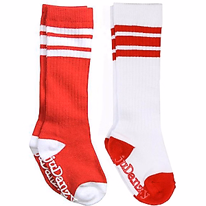 juDanzy knee high team color tube socks for toddler and youth boys and girls (2 Pack) (4-6 Years (Shoe Size 9C-1) With Anti-slip grip, Red)