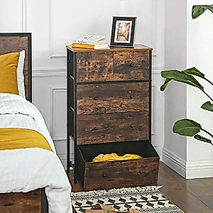 SONGMICS Drawer Dresser, Storage Dresser Tower with 5 Fabric Drawers, Wooden Front and Top,5 Drawers Style Dresser Unit, for Living Room, Hallway, Nursery, Brown and Black ULGS45H