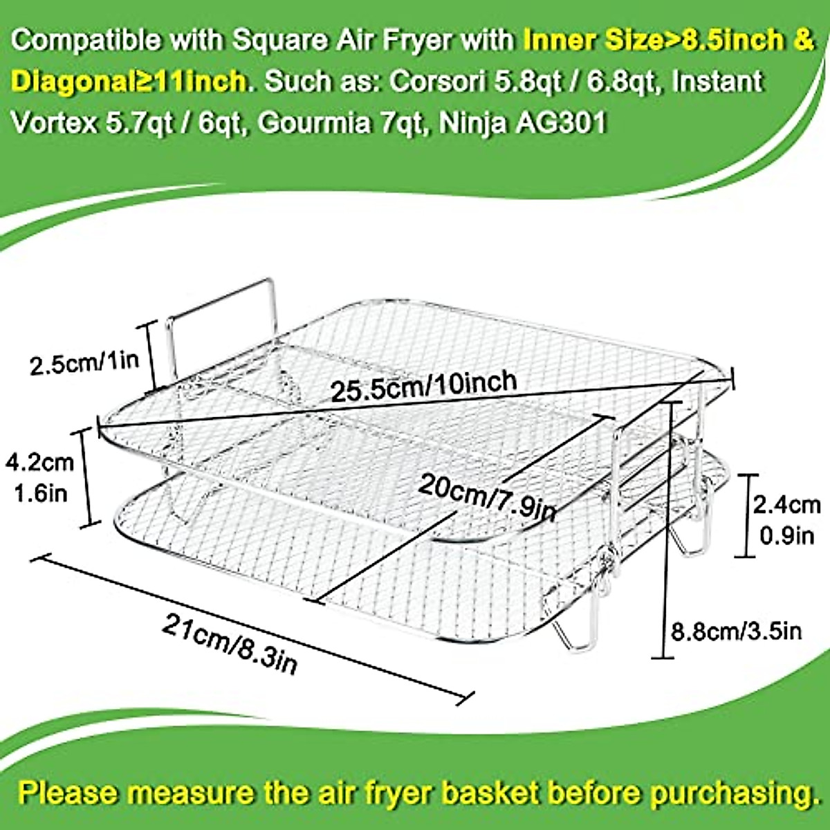 BYKITCHEN Square Air Fryer Rack for Cosori, Instant Vortex, Nuwave Air Fryer, 2pcs 8 inch Stackable Multi-Layer Stainless Steel Dehydrator Rack, Ninja Foodi Grill Square Air Fryer Accessories