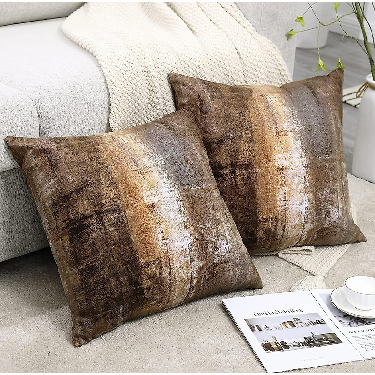 ONELZ Brown Throw Pillows and Grey Throw Pillows Decorative Pillow Covers for Couch Two Sides Printed, Fashion Style Zippered Cushion 18 X 18 Pillow Cover Set of 2,Brown and Grey