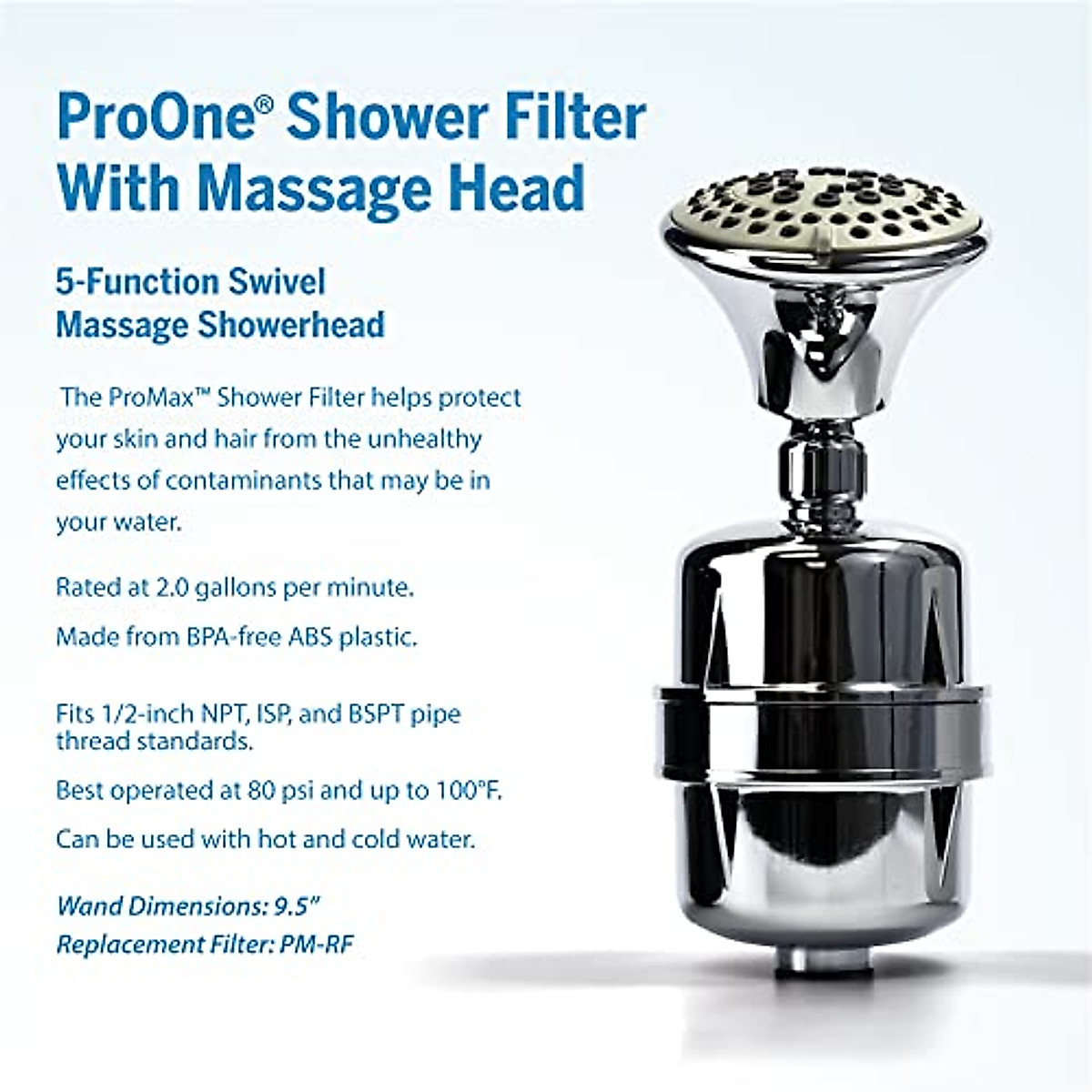 ProOne ProMax Chrome Shower Filter with 5-Function Massage Settings, Filtering, High-Pressure Shower Head to Remove Chlorine, Lead, and More