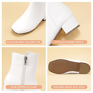 PANDANINJIA Alyssa Girls Fashion Boots Square-Toe Dress Boots Low Heel Ankle Booties with Zipper for Toddler Little Kids Big Kids (White Pu, 2 M US Little Kid)