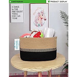 LANGYASHAN Rectangular Woven Rope Basket Decorative Blanket Basket for Living Room Storage or Nursery Laundry Hamper Basket with Handles Laundry Basket (Black Invisible Handle)