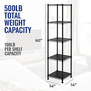SafeRacks - NSF Certified Storage Shelves, Zinc, Heavy Duty Steel Wire Unit with Wheels and Adjustable Feet, Garage or Bakers Rack, Kitchen, Pantry Shelf - (14"x14"x60" 5-Tier) (Black)