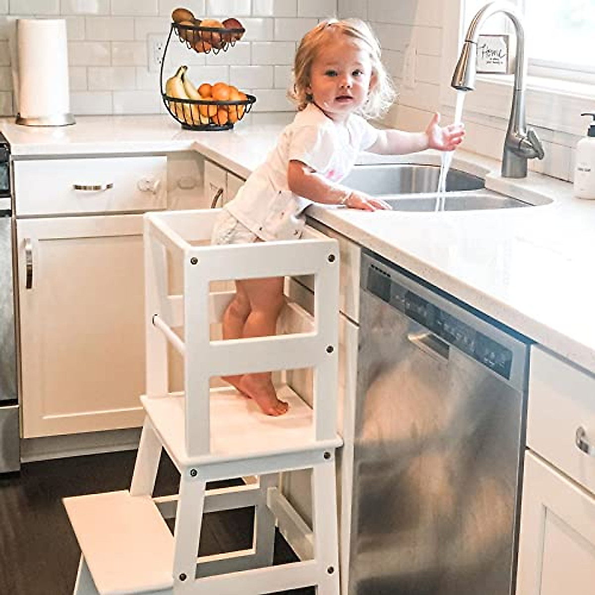 Kitchen Step Stool for Toddlers with Non-Slip Mat, WOOD CITY Wooden Kids Montessori Learning Stool Tower, Toddler Standing Tower Helper for Kitchen Counter and Bathroom Sink(White)