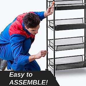 Halter 4 Tier Metal Storage Shelves with Wheels, Roller Cart Wire Storage Baskets, Office Rolling Cart Organizer, Black