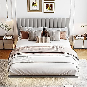 Floating Bed Frame Queen Size Upholstered Bed with Sensor Light and Headboard, Floating Velvet Platform Bed, No Box Spring Needed for Kids Teens Adults,Gray