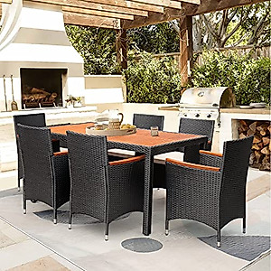 Flamaker 7 Piece Patio Dining Set Outdoor Acacia Wood Table and Chairs with Soft Cushions Wicker Patio Furniture for Deck, Backyard, Garden
