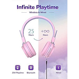 iClever BTH03 Kids Bluetooth Headphones Safe Volume, Colorful LED Lights, 25H Playtime, Stereo Sound Mic, Bluetooth 5.0, Foldable, On Ear Kids Wireless Headphones for Tablet Airplane (Pink)
