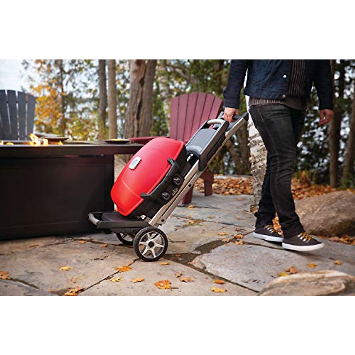 Napoleon TravelQ 285 Portable Gas BBQ Grill, Propane, Red Lid - TQ285X-RD-1-A Includes Folding Cart, Two Burners, Cast Iron Cooking Grids, Comes With Drop-in Griddle, Ideal for Camping & Tailgating