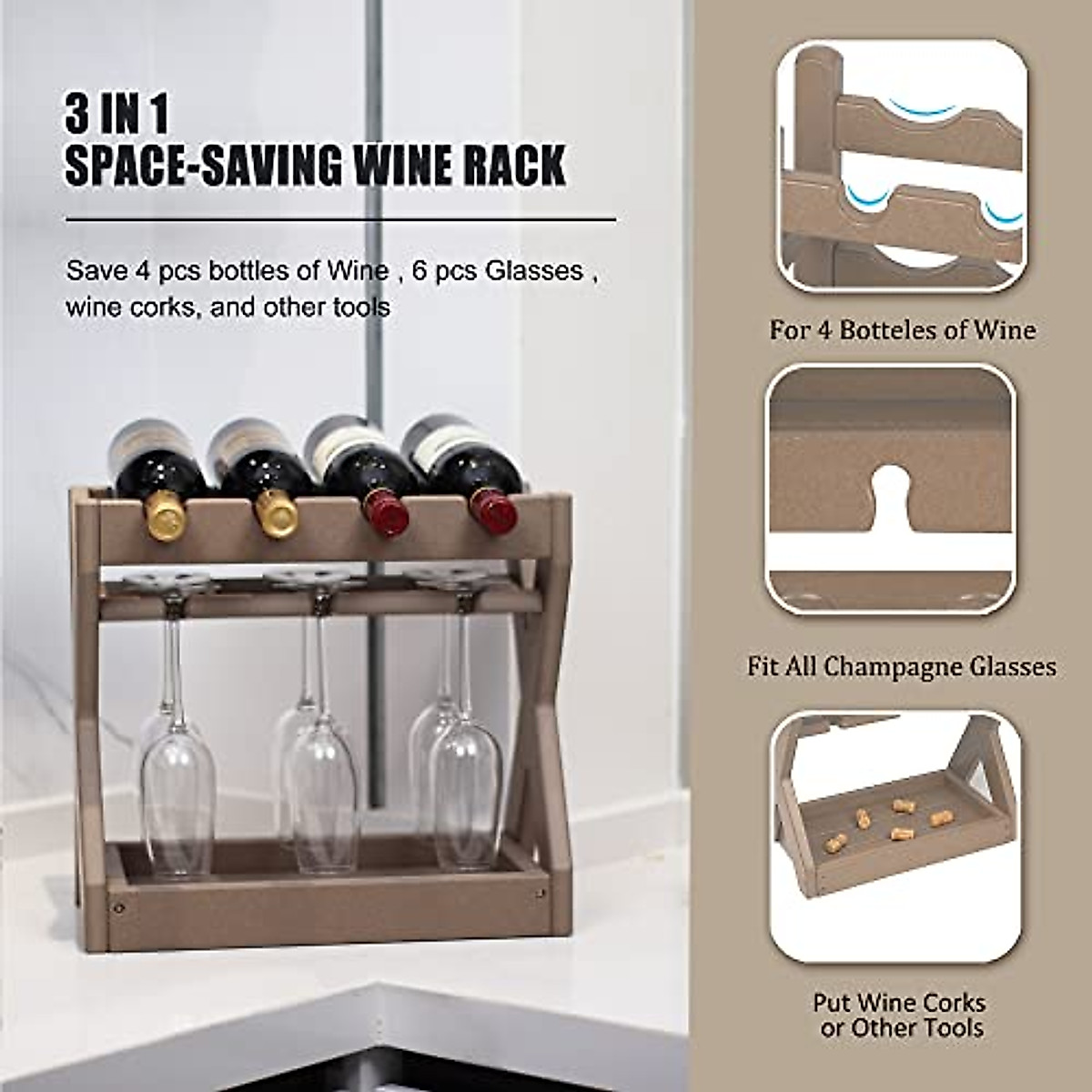 KORVOS Countertop Wine Racks with Glass Holder，4 Bottles Small Wine Rack,High-Density PE Tabletop Wine Bottle Holder for Kitchen, Living Room, Wine Cellar,Bar(Apricot Color)