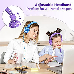 Yomuse C89 Kids Headphones, Wired Headphone Without Microphone, On Ear Headphone with Adjustable, 3.5mm Aux Nylon Cable, Foldable Headphones for School Travel Girls Boys (Pink Purple)