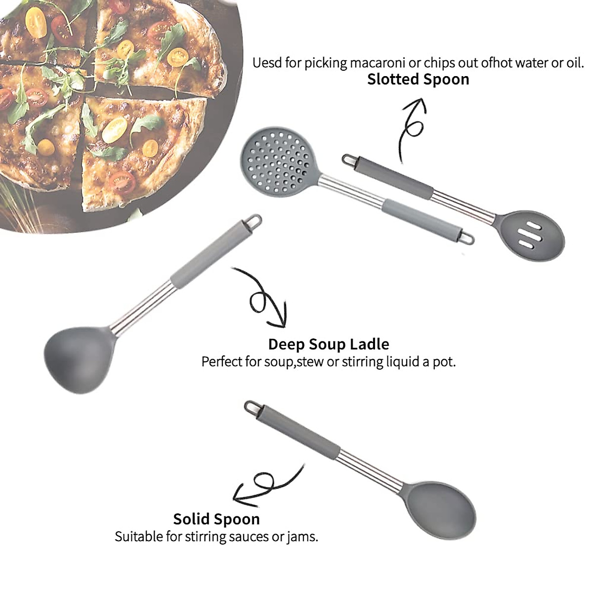 DMFC Kitchen Utensils Set 15 Pieces Kitchenware Supplies Set Silicone Stainless Steel Handle Cooking Nonstick Pot High Temperature Resistant Spatula Spoon Kitchenware.(Grey)