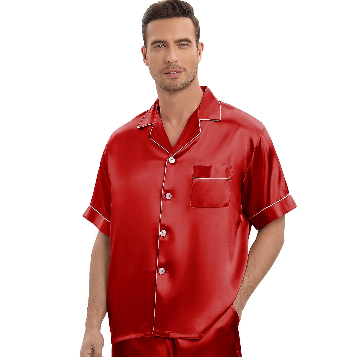 AUECK Mens Satin Pajamas Set Short Sleeve Button Down Sleepwear Soft 2 Piece Silk Loungewear with Pockets(Red,XX-Large)