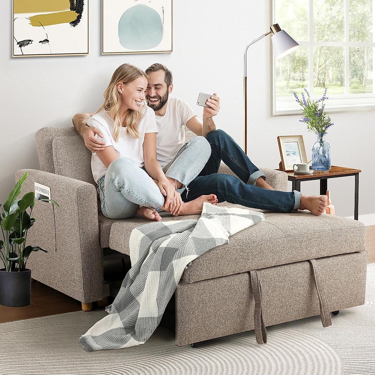 SEJOV 3-in-1 Convertible Sofa Bed, Linen Fabric Sleeper Couch Pull Out Bed, 49" 2-Seater Loveseat Futon Sofa with Spring Support, Adjustable Backrest and Pillows for Small Spaces, Living Room
