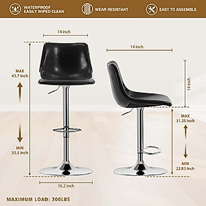 VATROS Bar Stools Set of 2, Adjustable Bar Stools with Back and Footrest, PU Leather Upholstered Swivel Counter Height Bar Stools for Home Kitchen Island-Black