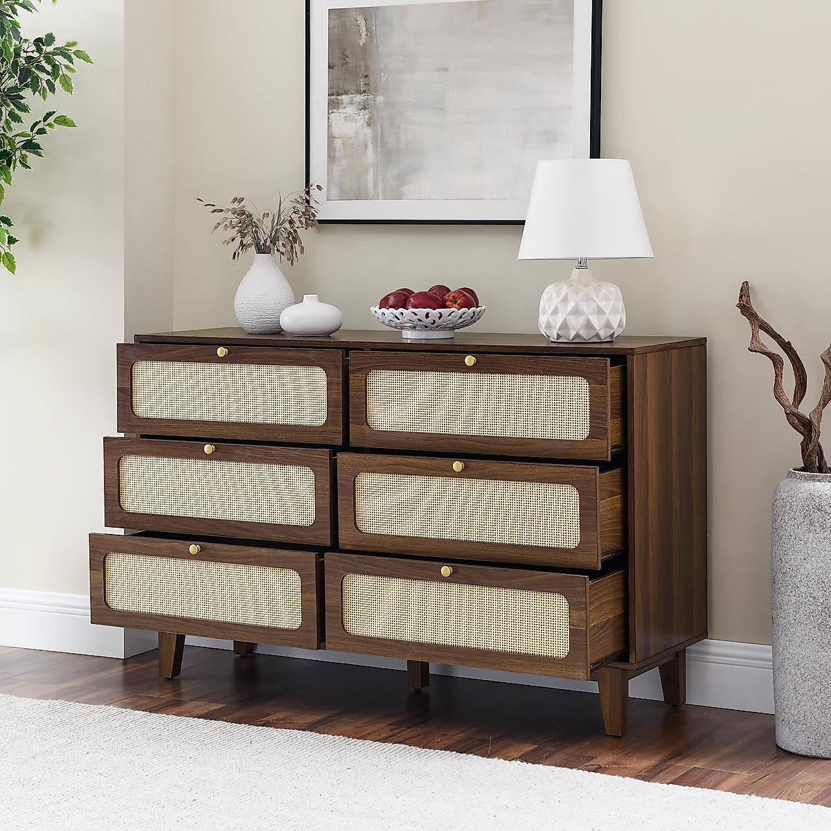 NicBex Rattan Dresser for Bedroom Chest of Drawers with 6 Drawers,Modern Cannage Rattan Wood Closet Chest of Drawers,Rattan Storage Dresser for Closet, Bedroom,Living Room,Hallway,Natural Walnut