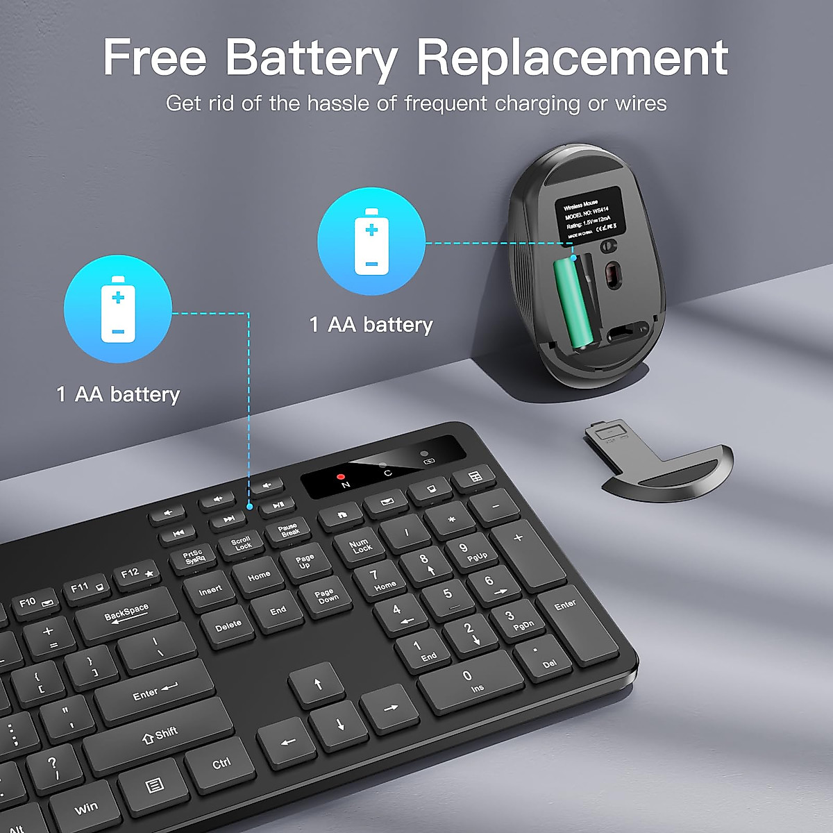 Wireless Keyboard and Mouse Combo, Soueto 2.4G Full-Sized Computer Keyboard with Phone Tablet Holder, 22 Multimedia Shortcuts, Numeric Keypad, 6 Button Silent Mouse for Windows, Mac (Space Black)