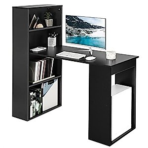 MJWDP Computer Desk Writing Workstation Office with 6 Tier Storage Shelves in Black Desk