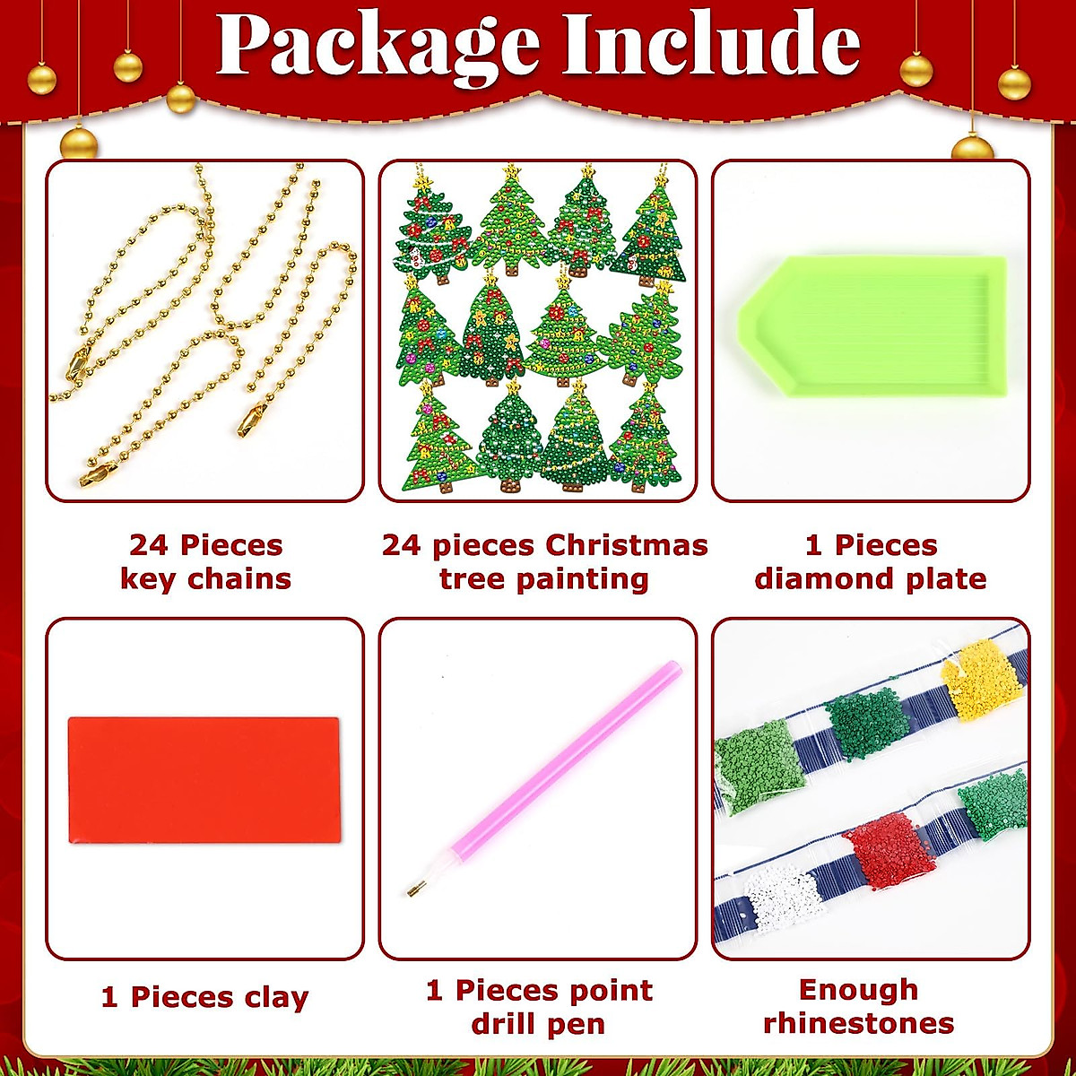 24 Pcs Christmas Diamond Painting Keychains Christmas Tree 5D Art Ornaments Kit Xmas Full Drill DIY Keyring Holiday Double Sided Diamond Craft Pendant for Kids Family Home Classroom Winter Party Decor