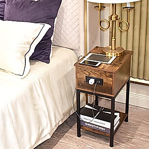 SZLHANJZ Nightstand with Charging Station, Narrow End Table with Storage Drawer, Wood & Metal Narrow Nightstand 2 Tier, Small Sofa Bed Side Table for Living Room Bedroom Dorm, Dark Brown