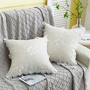 K MASANIJI 2 Pack Embroidered Spring Floral Throw Pillow Cover 18x18 inches, Farmhouse Off White Rose Lace Linen Blended Pillow Shams, Decorative (White Rose, Linen Blended)
