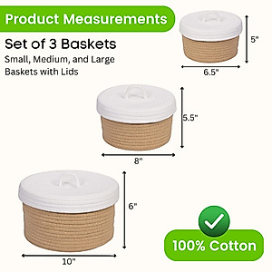 Auguste Round Basket with Lid - Set of 3 Storage Baskets with Lid - Decorative Storage Basket With Lid, Woven Basket with Lid, Cute Cotton Rope Basket, Multi-Purpose Cotton Rope Storage Basket