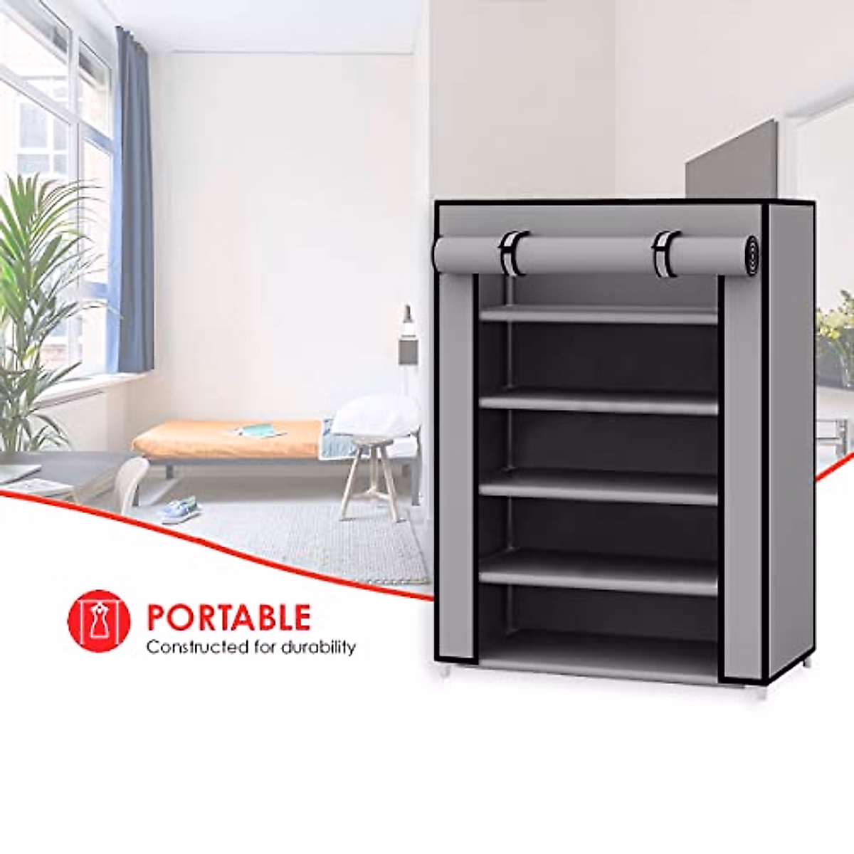 Sunbeam Multipurpose Portable Wardrobe Storage Closet For Shoes and Clothing 5 Tier/Fits 15 Pairs of Shoes Heavy Duty Non Woven Material Gray With Roll Down Cover (Grey)