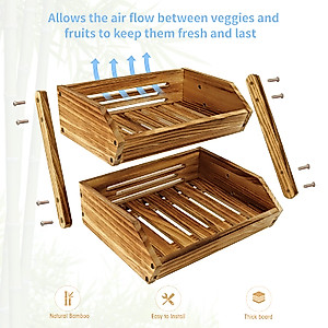 G.a HOMEFAVOR Fruit Basket: 2-Tier Pine Wood Fruit Bowl for Kitchen, Fruit Stand Storage Holder for Vegetables and Snack Home Kitchen Countertop Organizer (Self-assembly)
