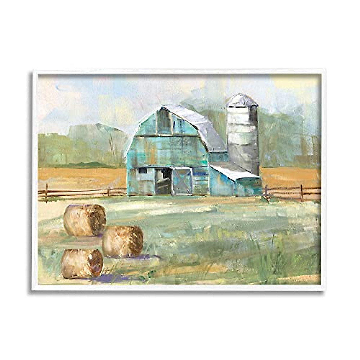 Stupell Industries Contemporary Blue Farm Barn Hay Bails Empty Field, Designed by Sally Swatland White Framed Wall Art, 20 x 16, Green