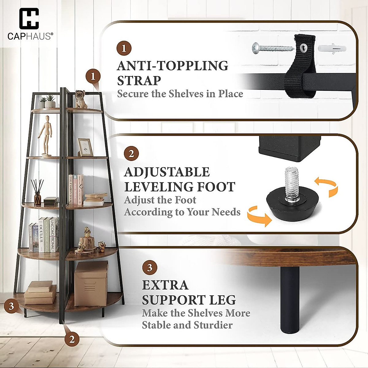 CAPHAUS Tall Corner Shelf Stand, 5-Tier Display Shelves, Ladder Corner Wood Storage Plant Bookshelf with Metal Frame, Versatile Shelving Unit Bookcase for Home Office Space, Rustic Oak