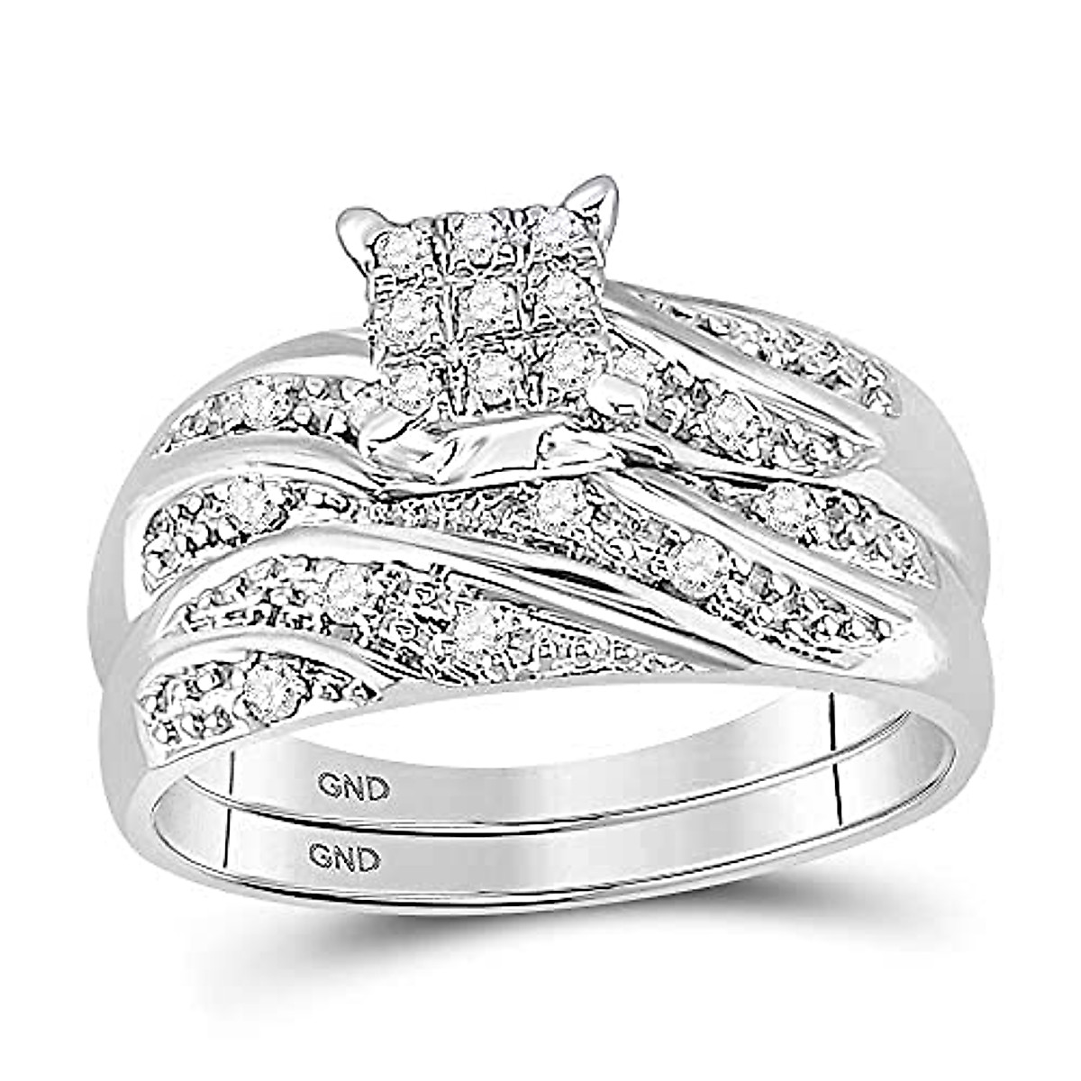 Sizes - L = 4.5, M = 10.5 - 14k White and Yellow 2 Two Tone Gold Mens and Ladies Couple His & Hers Trio 3 Three Ring Bridal Matching Engagement Wedding Ring Band Set - Round Diamonds - Princess Shape Center Setting (1/4 cttw) - Please use drop down menu t