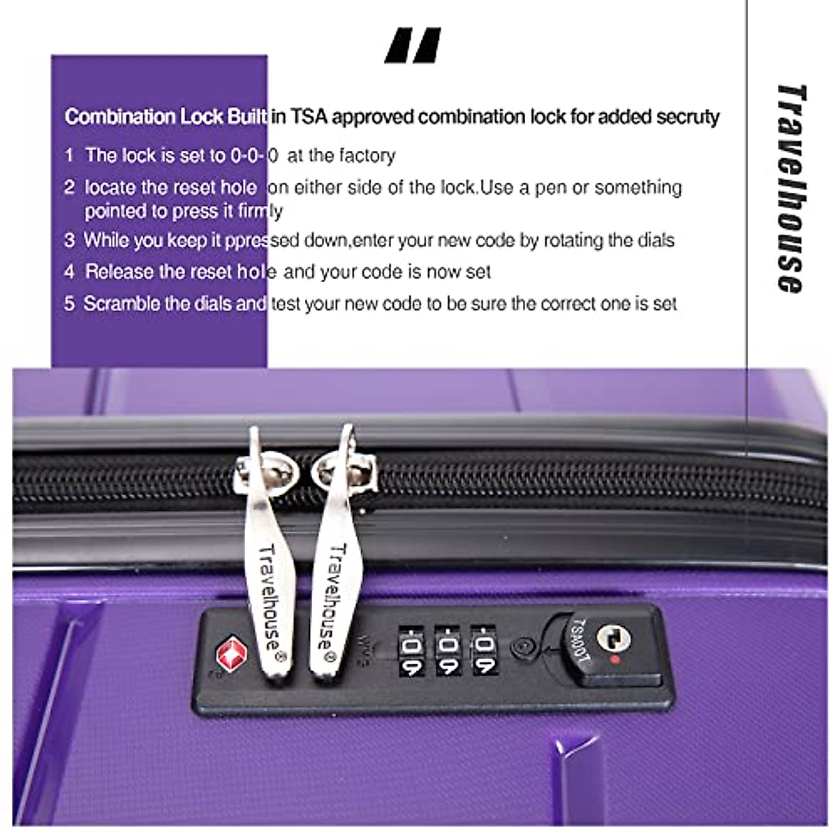 Travelhouse hardshell 3 Piece Set, PP Hard Wheel Suitcase Set with Spinner Wheels, TSA Lock, 20 inch 24 inch 28 inch Women's Luggage Set (Purple)