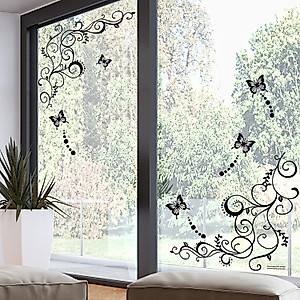 RW-051 Removable Black Vinyl Flower Vines Wall Decal Butterfly Wall Stickers Floral Wall Decor 3D Peel and Stick Art for Girls Bedroom Nursery Living Room Kids Babys Rooms Home Wall Decoration (B)