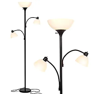 Brightech Sky Dome Double LED Floor lamp, Torchiere Super Bright Floor Lamp with 2 Reading Lamps for Living Rooms & Offices - Dimmable Tall Standing Lamp for Bedroom Reading - Tall Black Pole