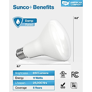 Sunco 8 Pack BR30 LED Bulbs, Indoor Flood Lights CRI93 11W Equivalent 65W 3000K White 850 Lumens, E26 Base, 25000 Lifetime Hours Interior Home Dimmable Recessed Can Light Bulbs UL