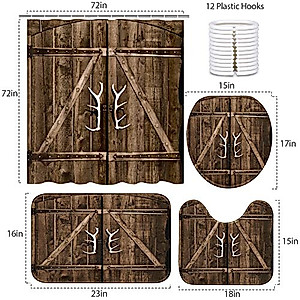 Britimes 4 Piece Shower Curtain Sets, Old Brown Wooden Door with Non-Slip Rugs, Toilet Lid Cover and Bath Mat, Durable and Waterproof, for Bathroom Decor Set, 72" x 72"