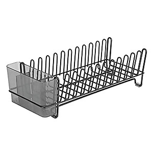 mDesign Steel Compact Modern Dish Drying Rack w/Removable Cutlery Tray, Caddy; Dish Drainer, Dish Rack for Kitchen Counter, Sink; Holds Dishes, Utensil, Board - Concerto Collection - Black/Smoke Gray