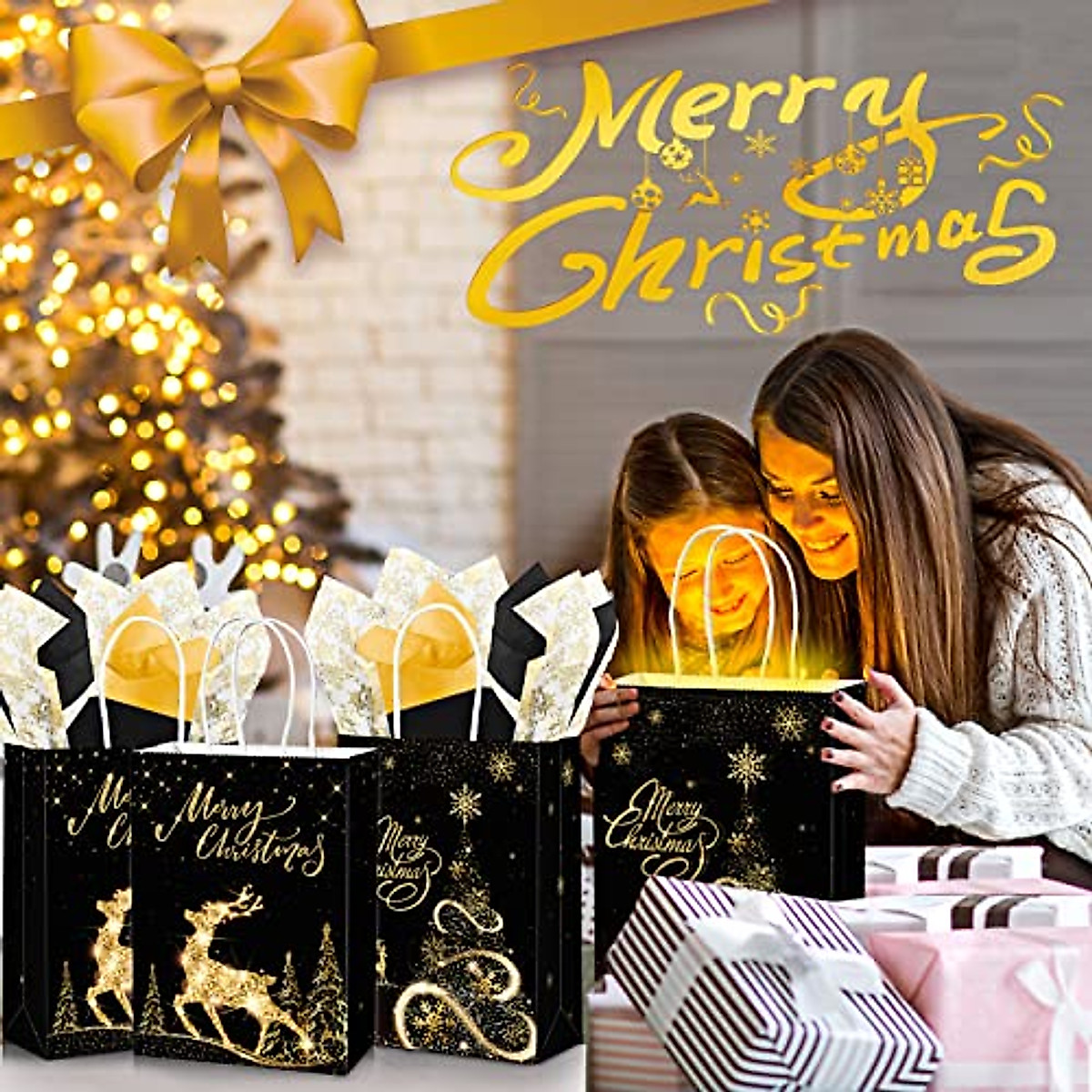 Funrous Gold Black Christmas Bags with Tissue Paper Xmas Black and Gold Gift Bags Metallic Gold Black Goody Treat Bags with Handles for Christmas Thanksgiving Candy Cookies Party Supplies (16 Pcs)