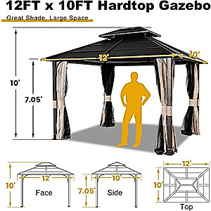 10' x 12' Gazebo, Outdoor Double Roof Canopy Hardtop Gazebo with Durable Metal Frame, Galvanized Steel Top Gazebo with Ventilation, Curtain and Netting, for Patio, Backyard, Deck and Lawns