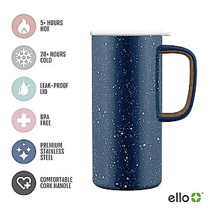 Ello Campy Vacuum Insulated Travel Mug with Leak-Proof Slider Lid and Comfy Carry Handle, Perfect for Coffee or Tea, BPA Free, Xavier Navy, 18oz