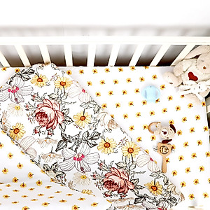 HNHUAMING 4-Piece Crib Bedding Set, Baby Girl Bedding Crib Set, Flower Crib Skirt, Baby Quilt, Crib Sheet and Diaper Stacker